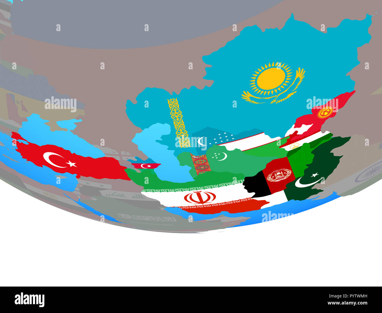 ECO member states with national flags on simple political globe. 3D ...