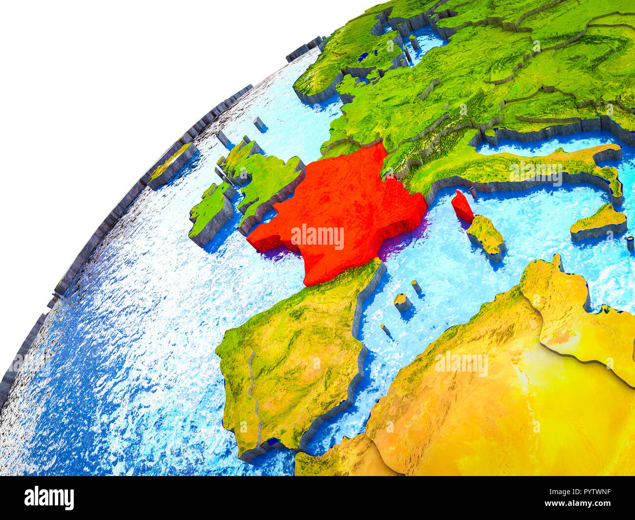 France on 3D Earth model with visible country borders. 3D illustration ...