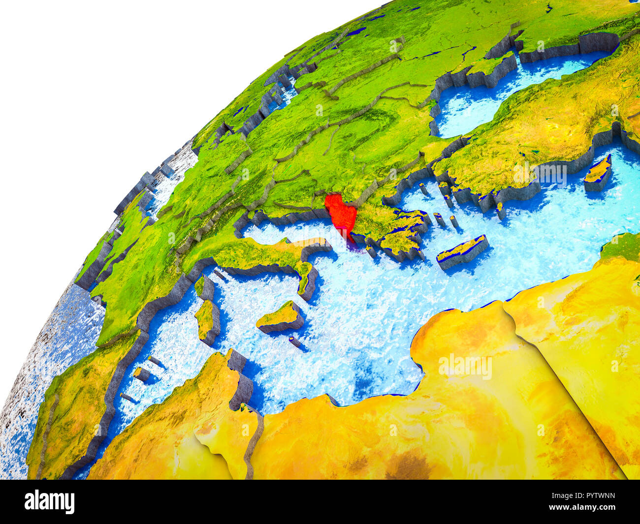 Albania on 3D Earth model with visible country borders. 3D illustration ...