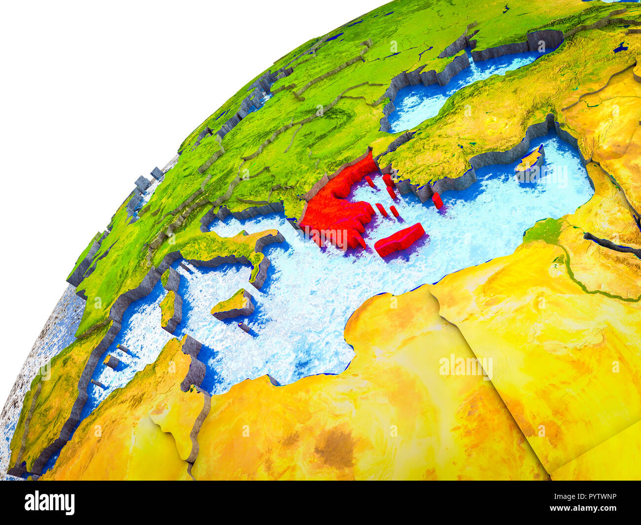 Greece on 3D Earth model with visible country borders. 3D illustration ...