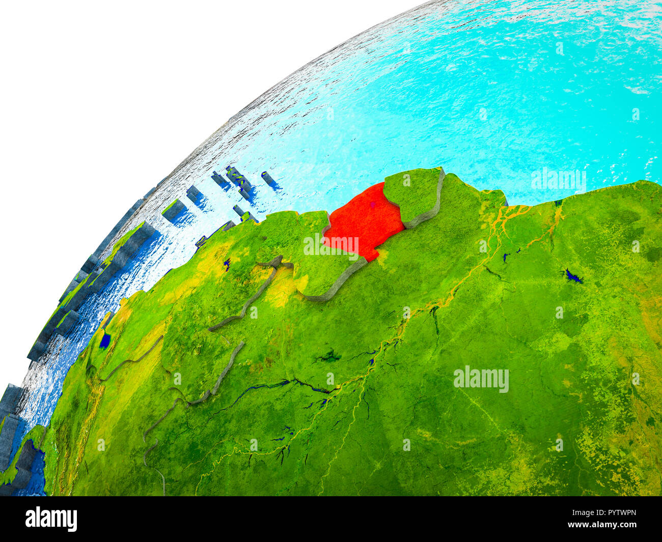 Suriname on 3D Earth model with visible country borders. 3D ...