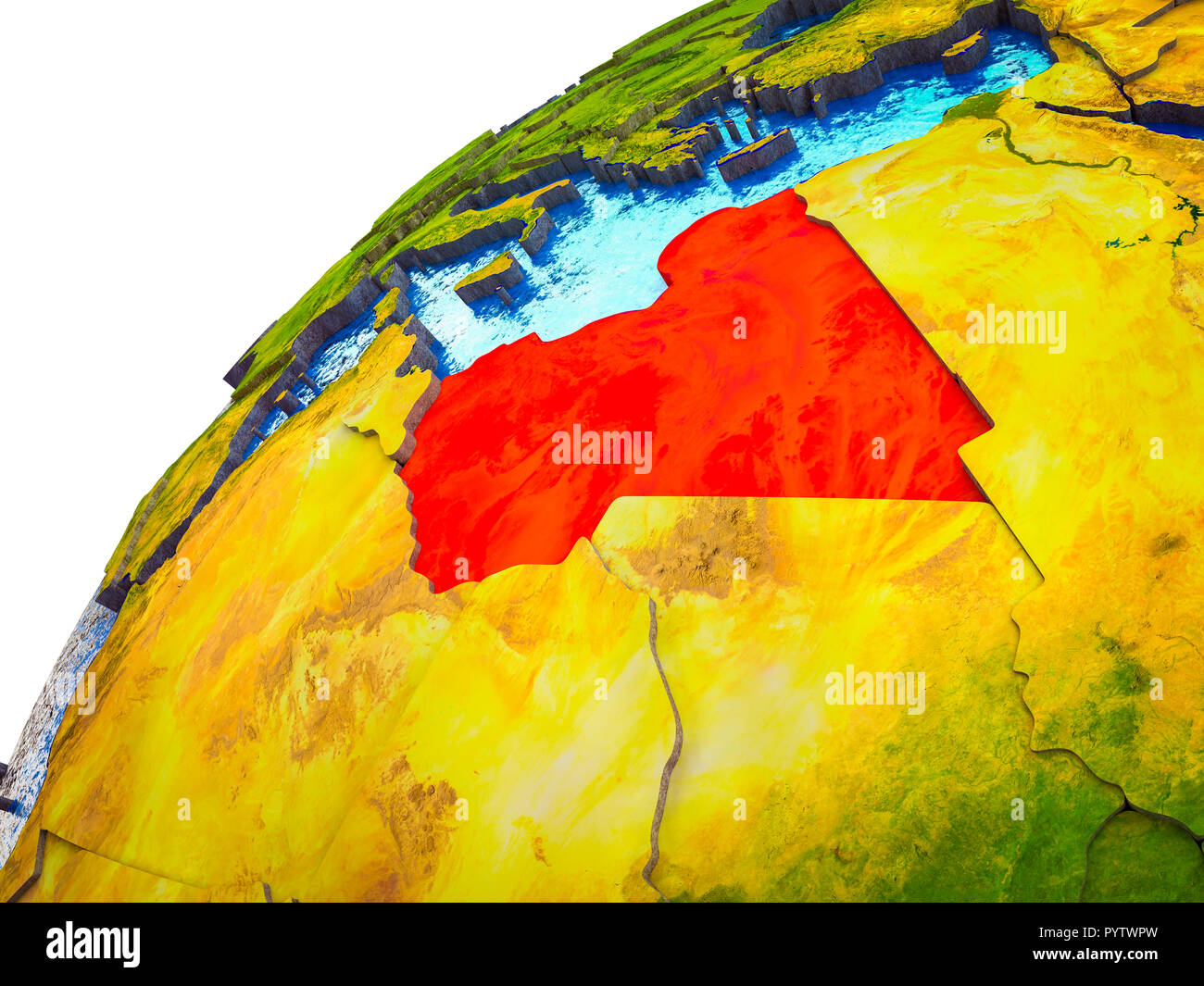 Libya on 3D Earth model with visible country borders. 3D illustration ...