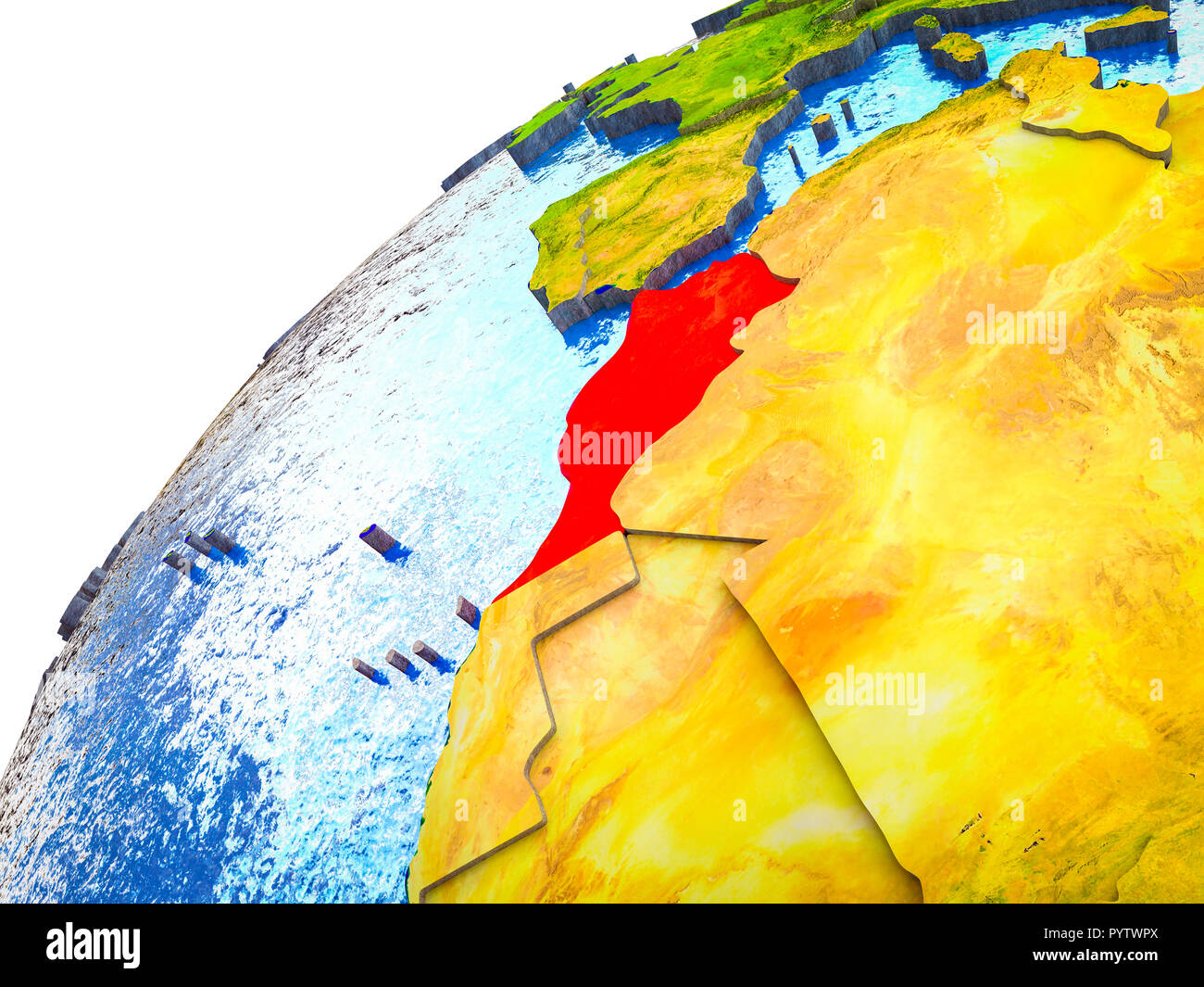 Morocco on 3D Earth model with visible country borders. 3D illustration ...