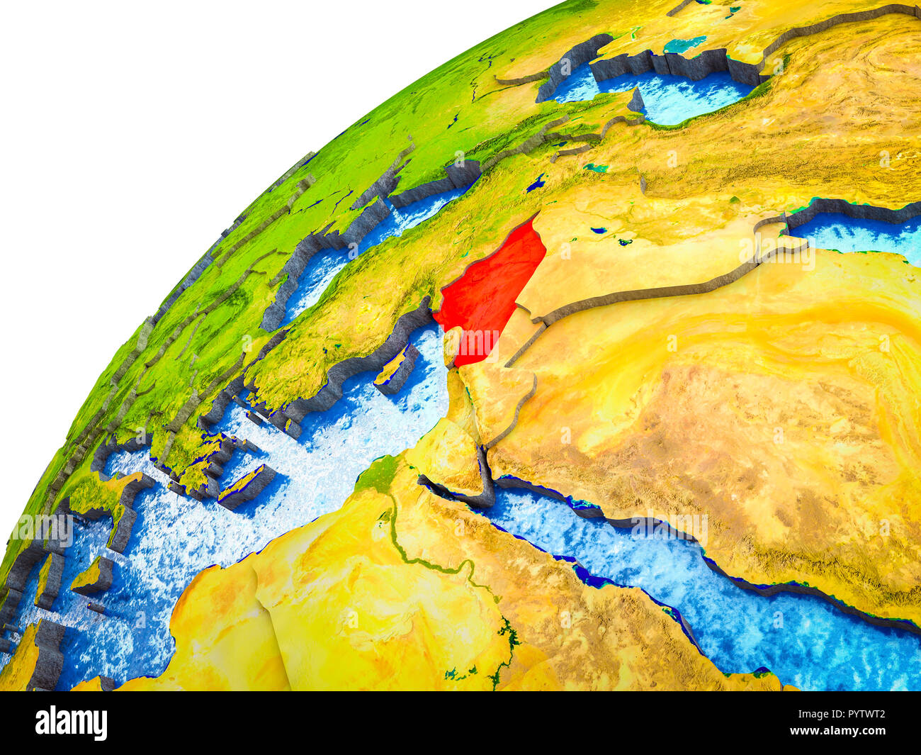 Syria on 3D Earth model with visible country borders. 3D illustration ...