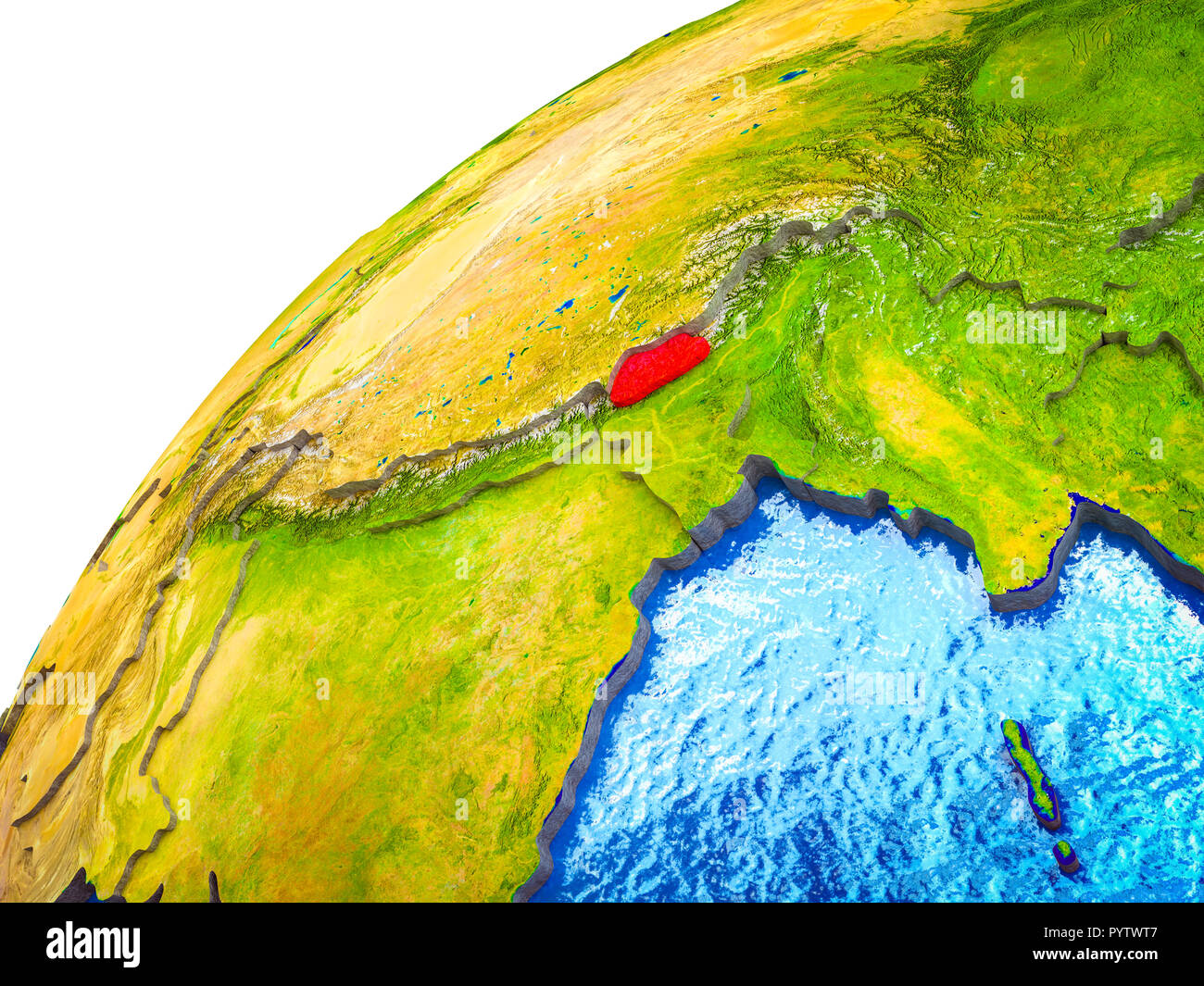 Bhutan on 3D Earth model with visible country borders. 3D illustration ...