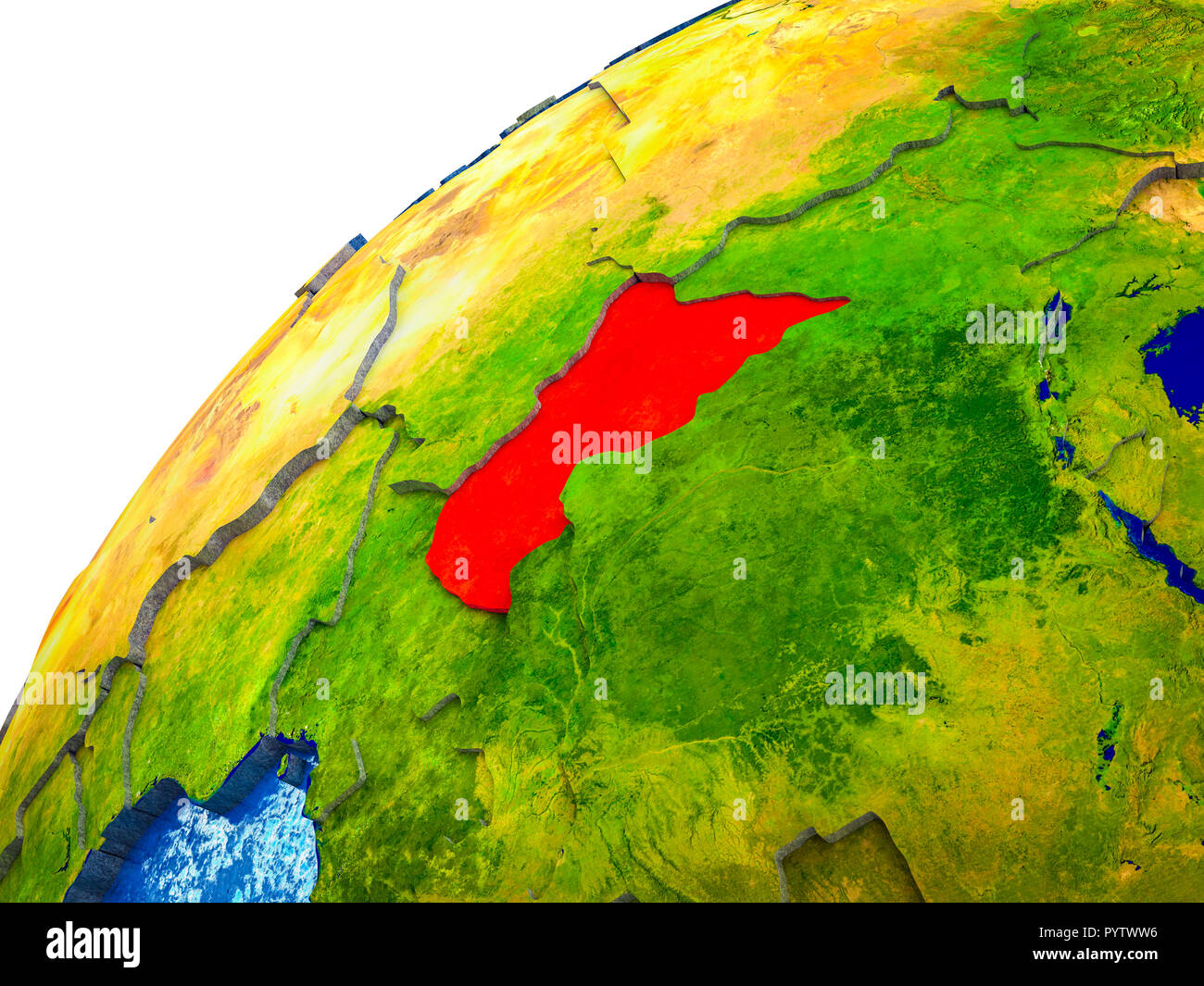 Central Africa on 3D Earth model with visible country borders. 3D ...