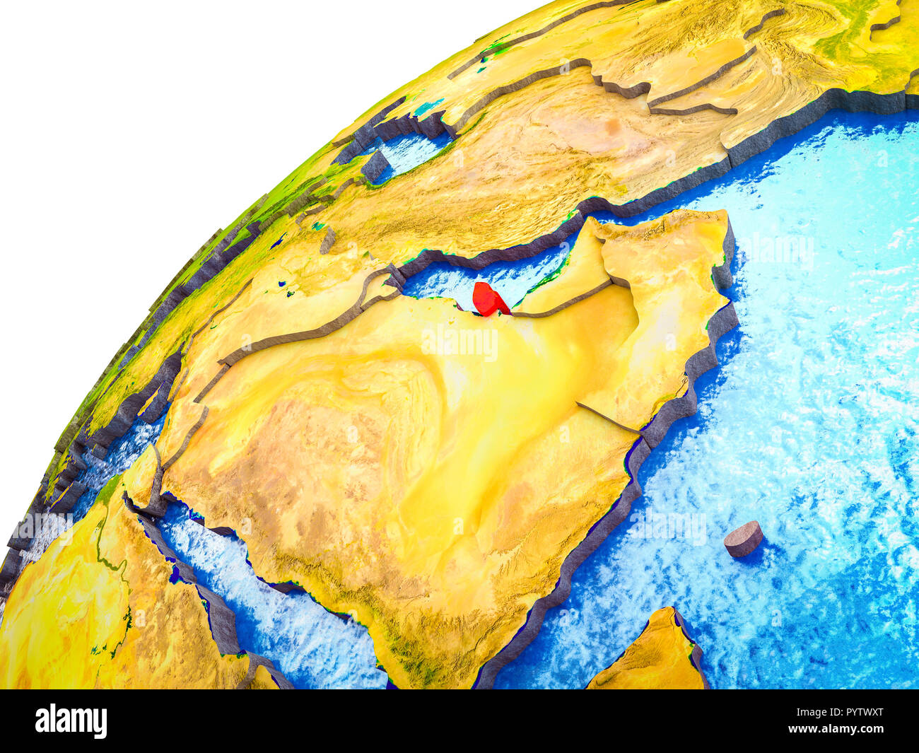 Qatar on 3D Earth model with visible country borders. 3D illustration ...