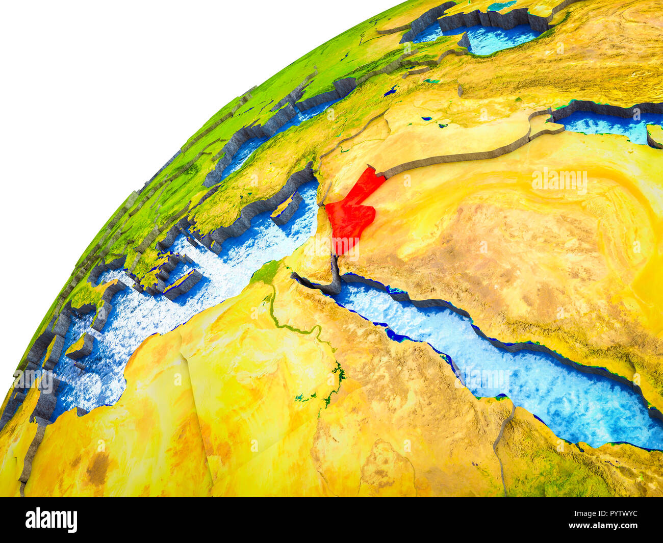 Jordan on 3D Earth model with visible country borders. 3D illustration ...