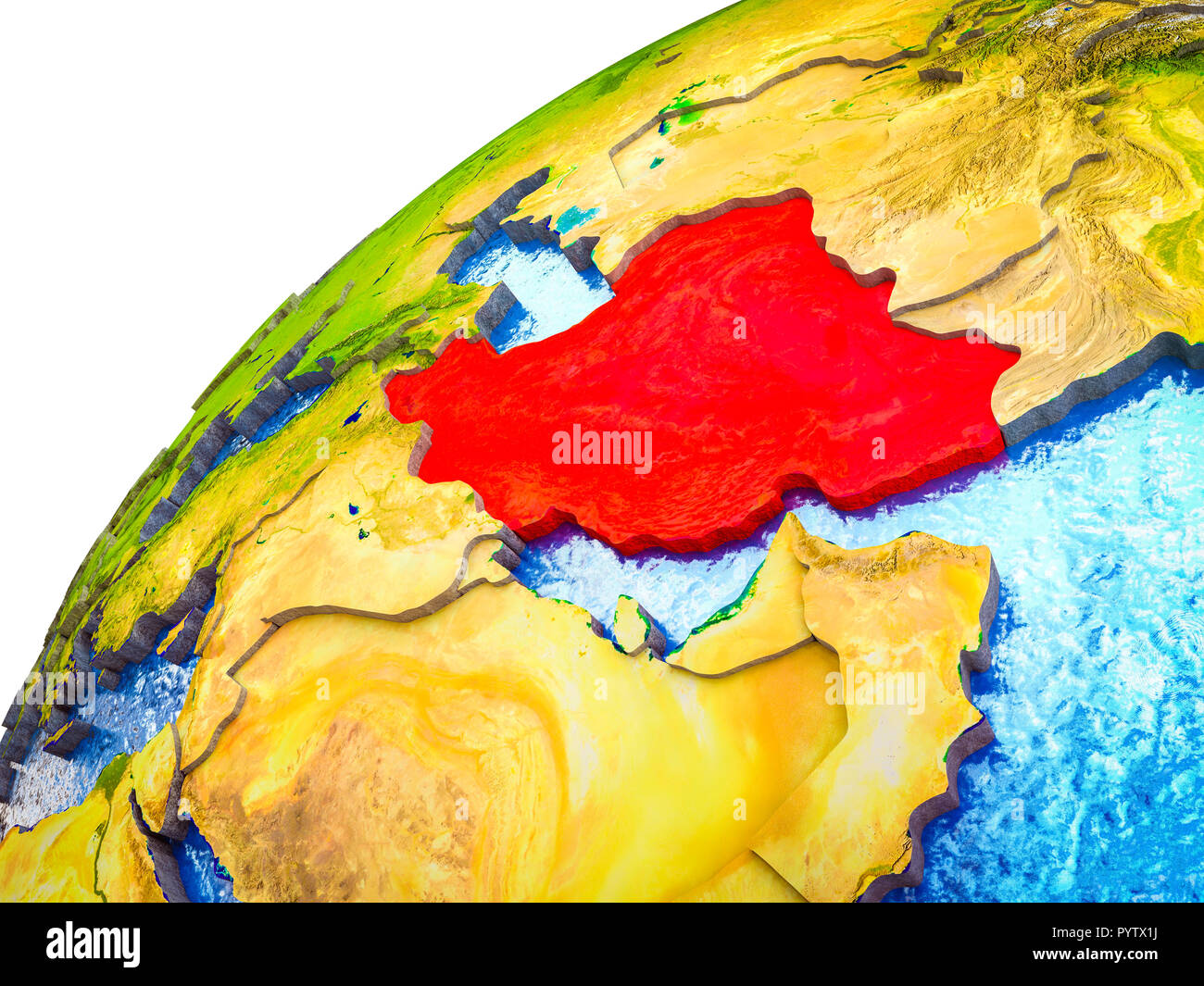 Iran on 3D Earth model with visible country borders. 3D illustration ...
