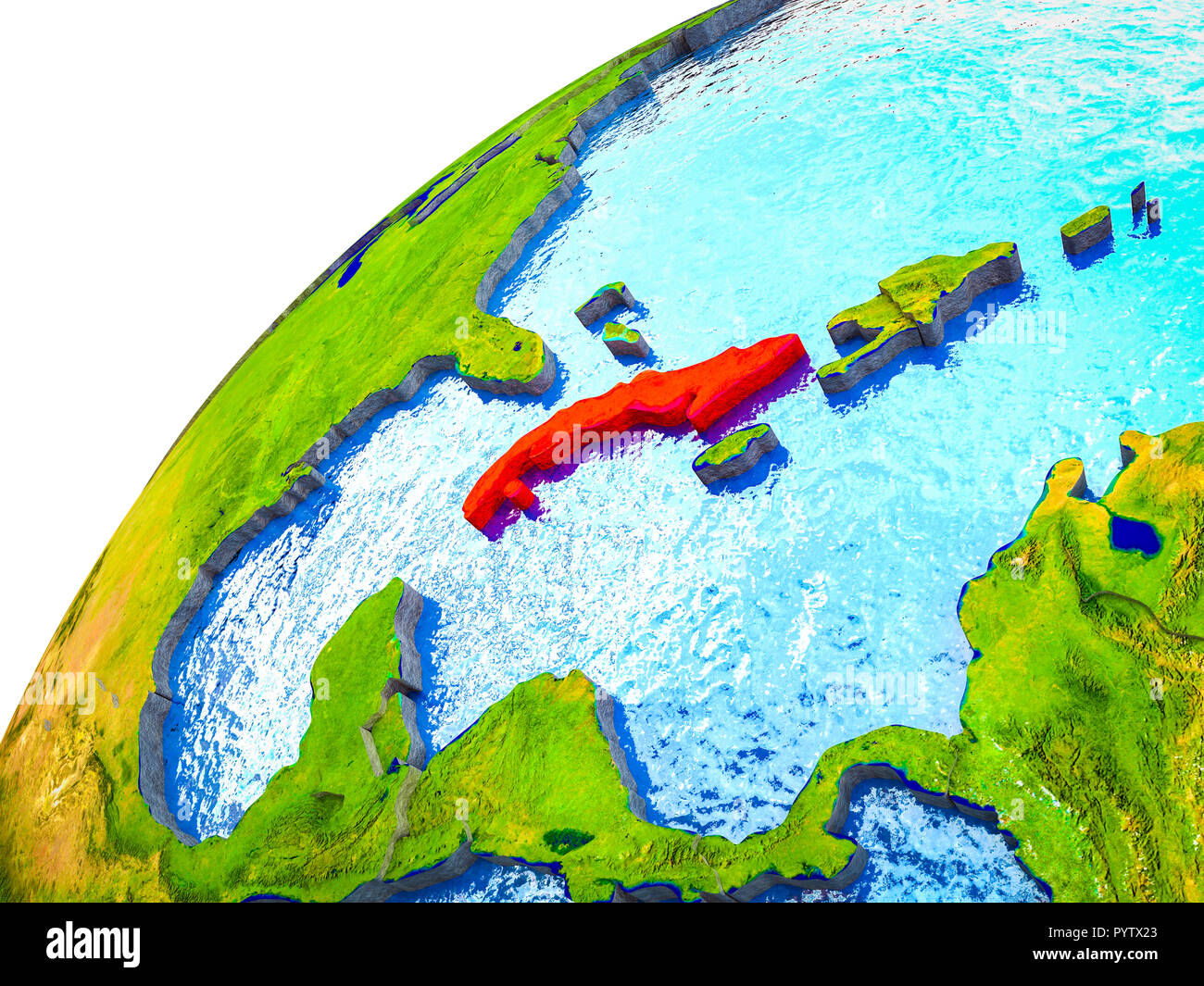 Cuba on 3D Earth model with visible country borders. 3D illustration ...