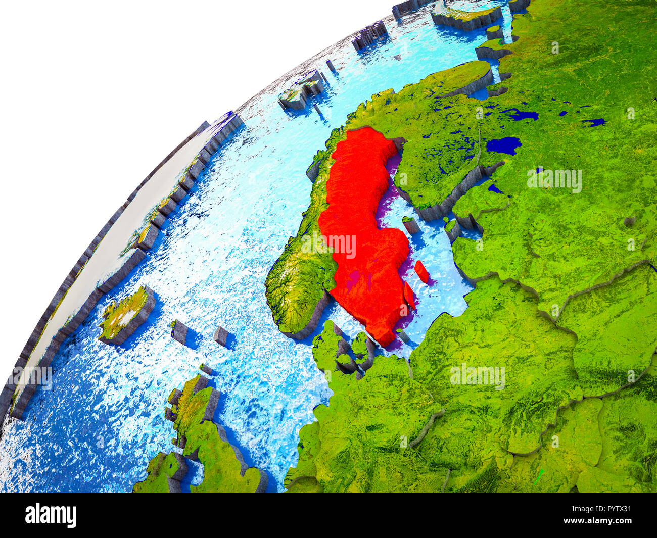 Sweden on 3D Earth model with visible country borders. 3D illustration ...
