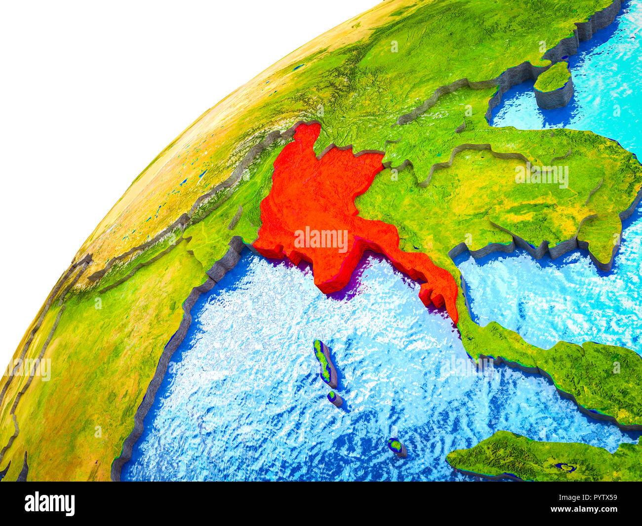 Myanmar on 3D Earth model with visible country borders. 3D illustration ...