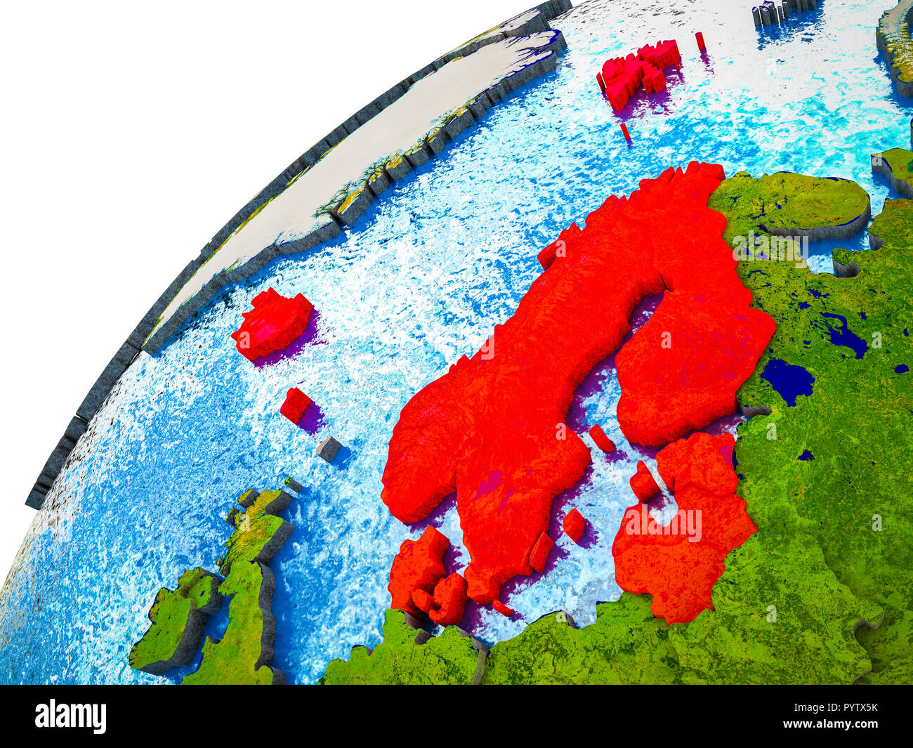 Northern Europe on 3D Earth model with visible country borders. 3D ...