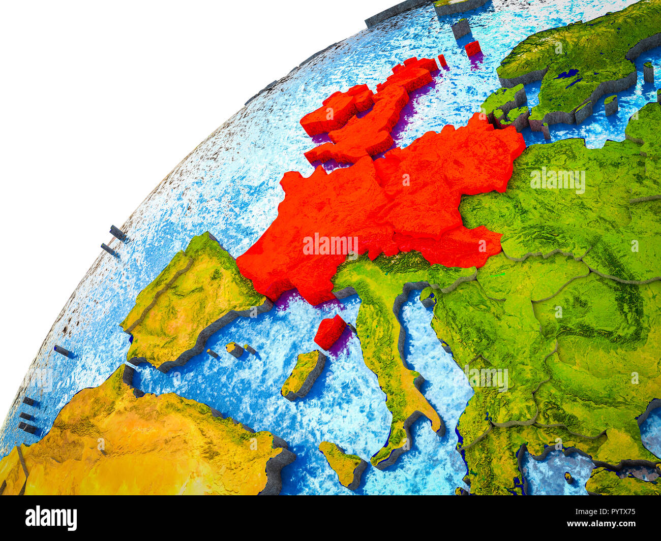 Western Europe on 3D Earth model with visible country borders. 3D ...