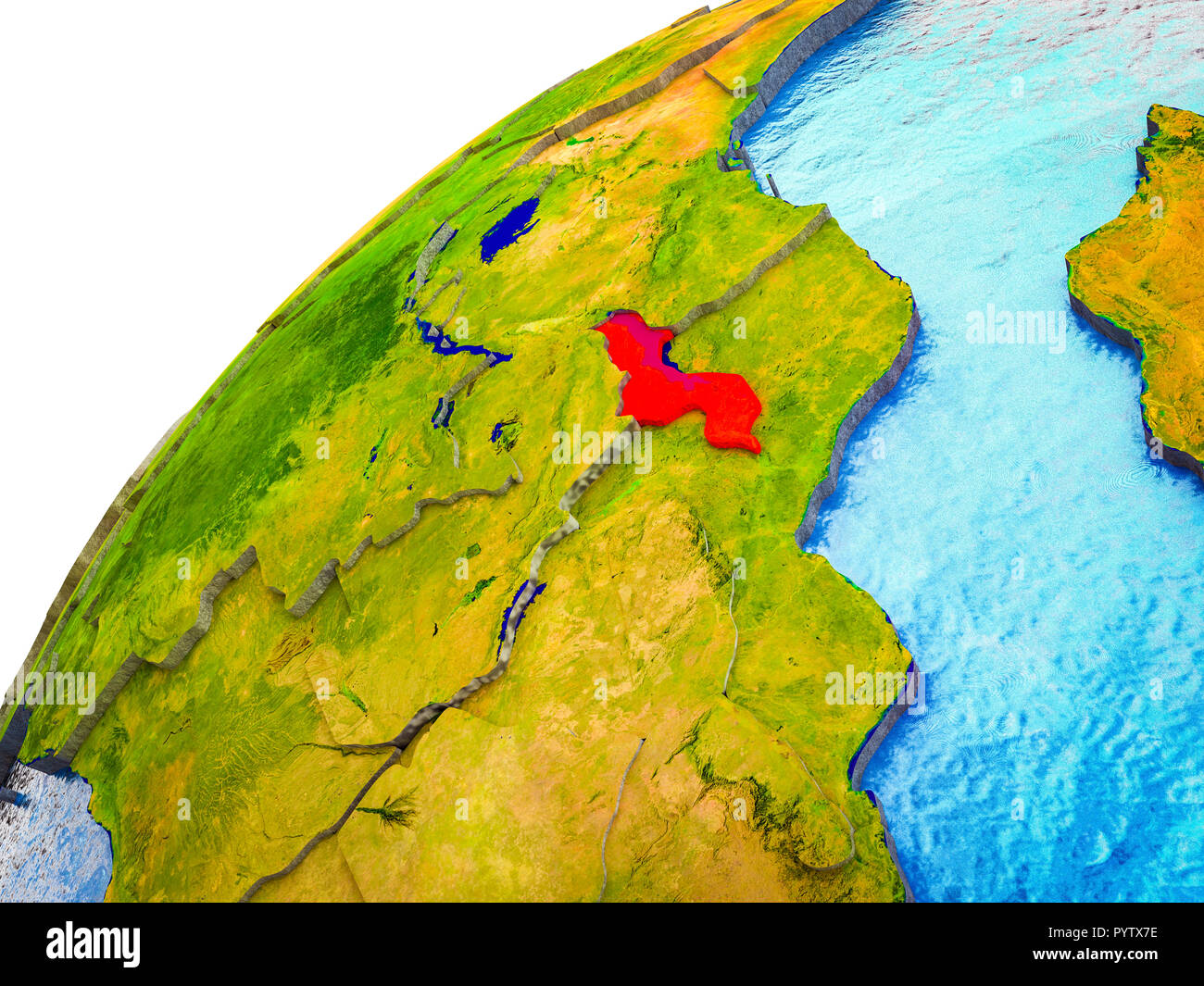 Malawi on 3D Earth model with visible country borders. 3D illustration ...