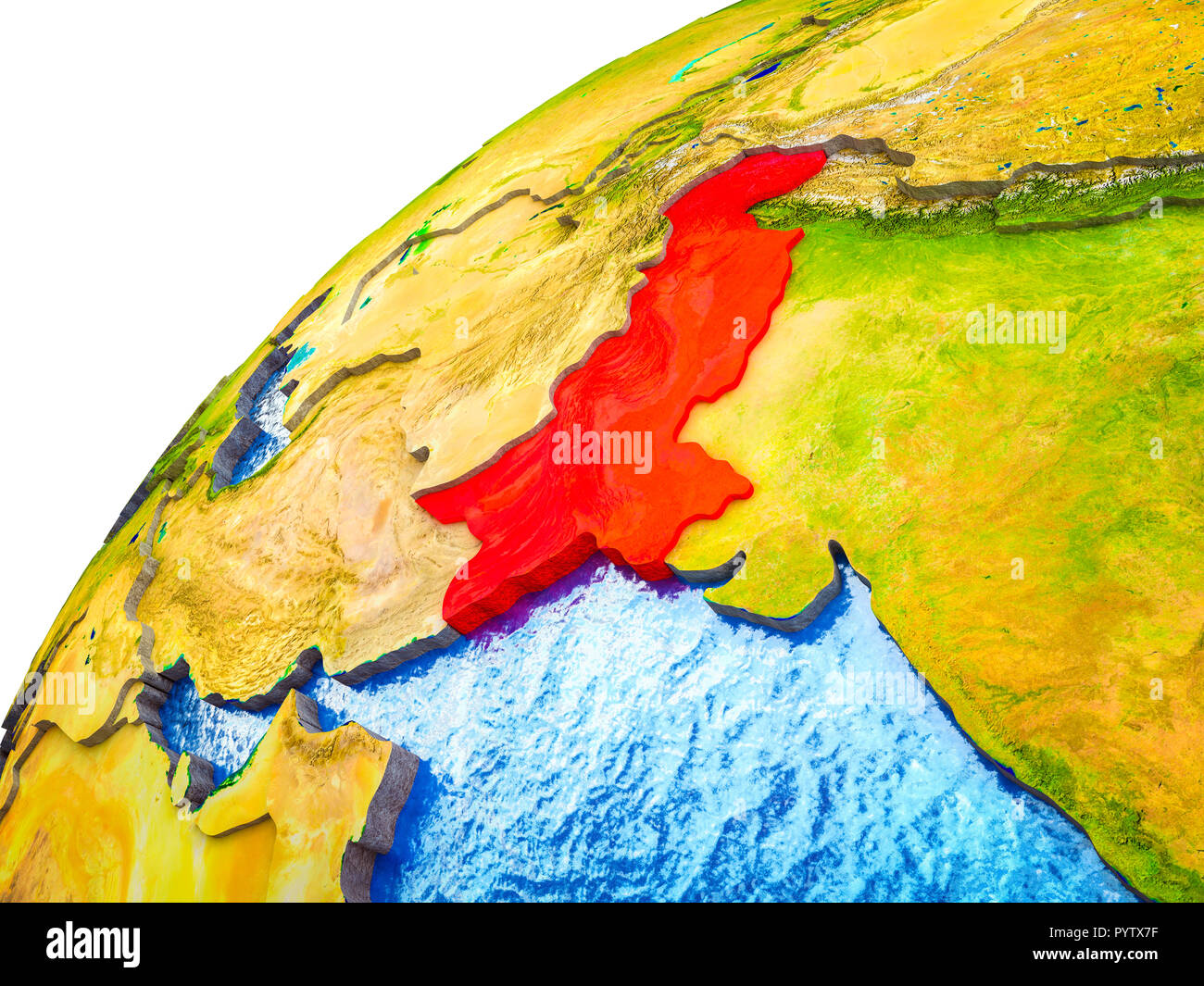 Pakistan on 3D Earth model with visible country borders. 3D ...