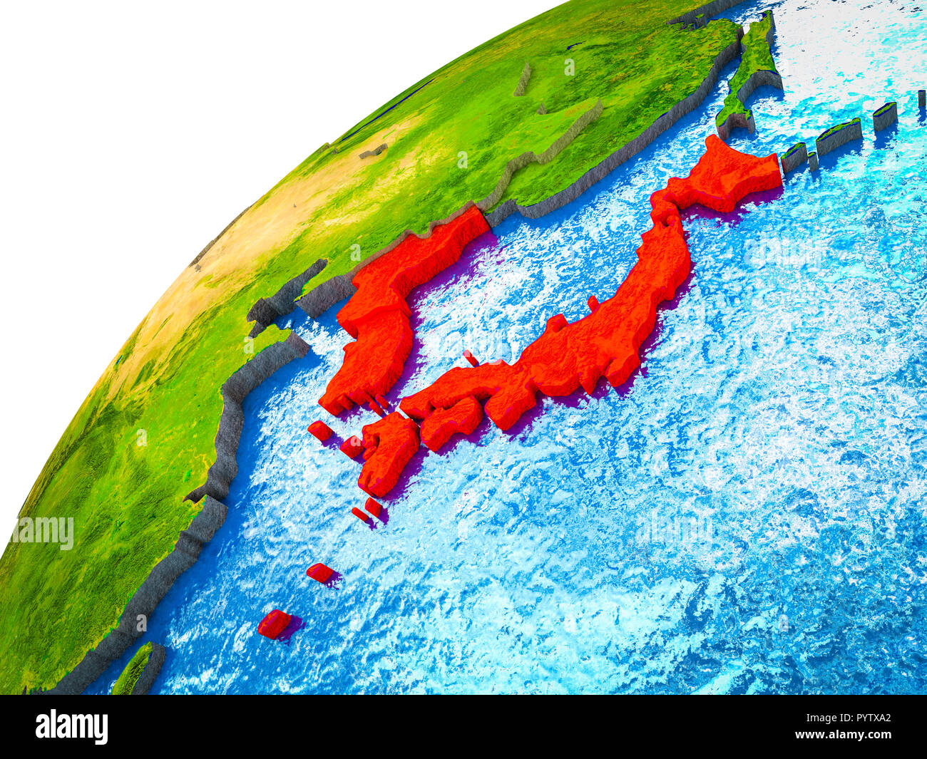 Japan and Korea on 3D Earth model with visible country borders. 3D ...