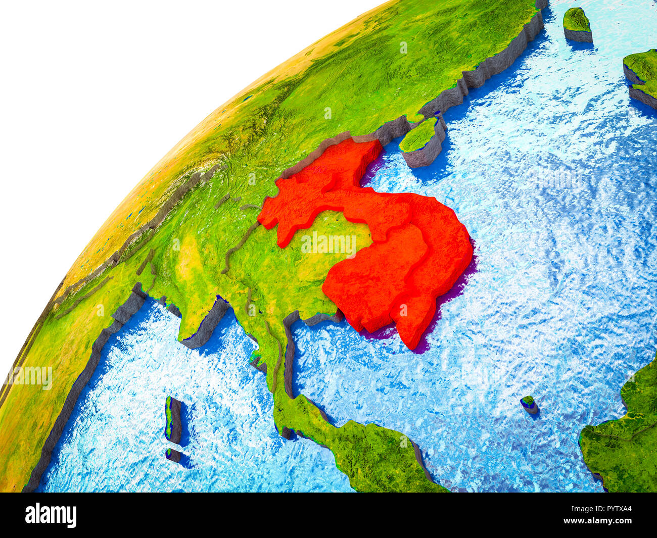 Indochina on 3D Earth model with visible country borders. 3D ...