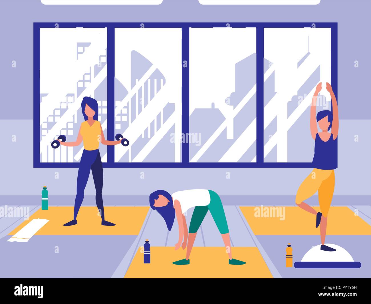 women performing stretching in gym vector illustration design Stock ...