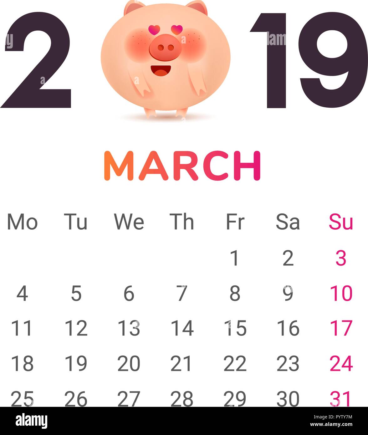 Calendar for 2019. March month. Color numbers with a jolly fat pig and ...