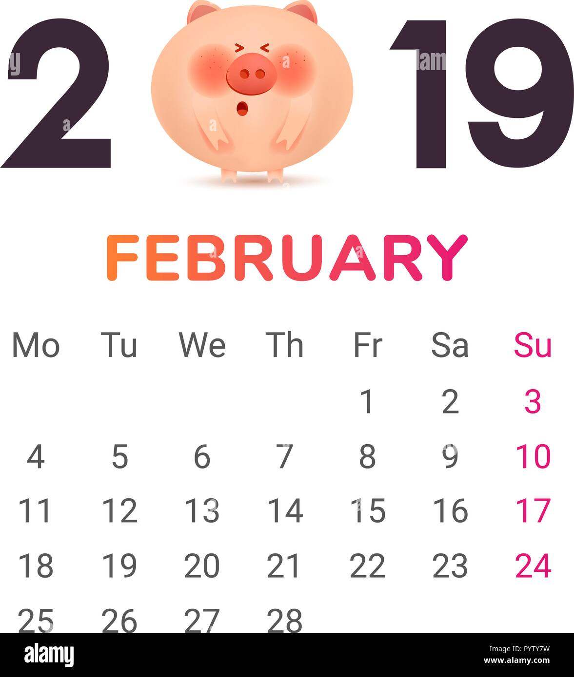 Calendar for 2019. November month. Color numbers with a jolly fat pig ...
