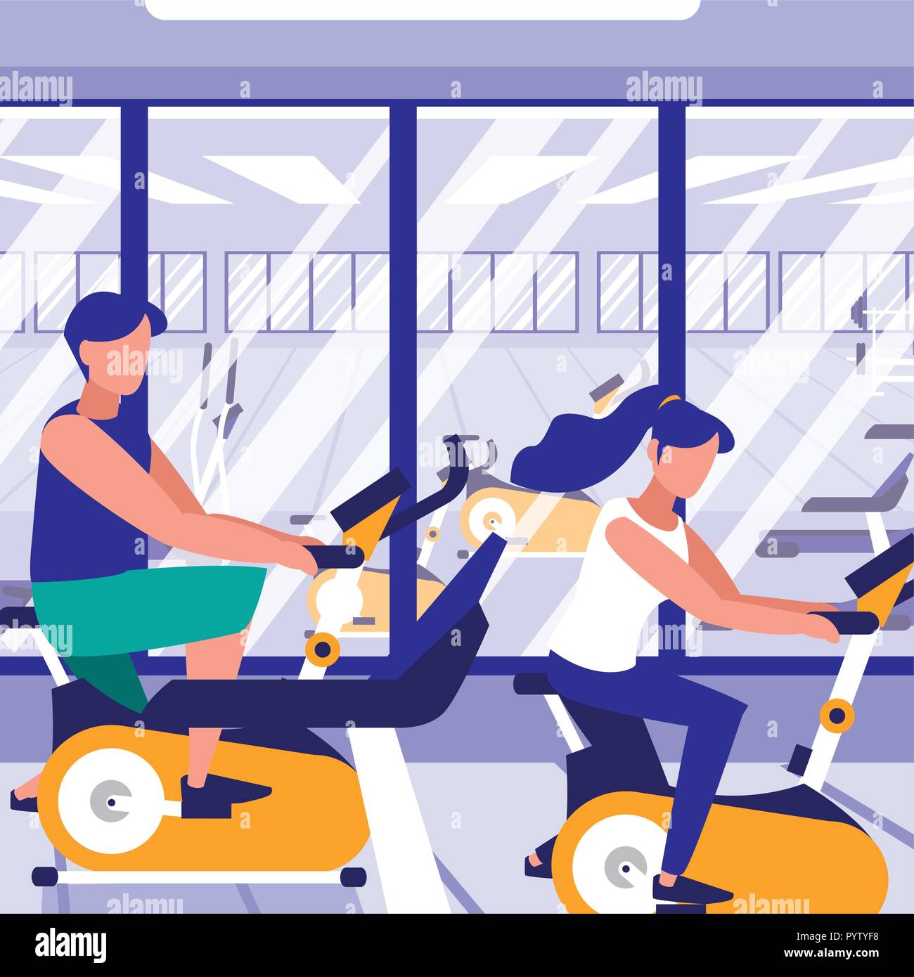 women on exercise bikes in the gym, colorful design. vector ...