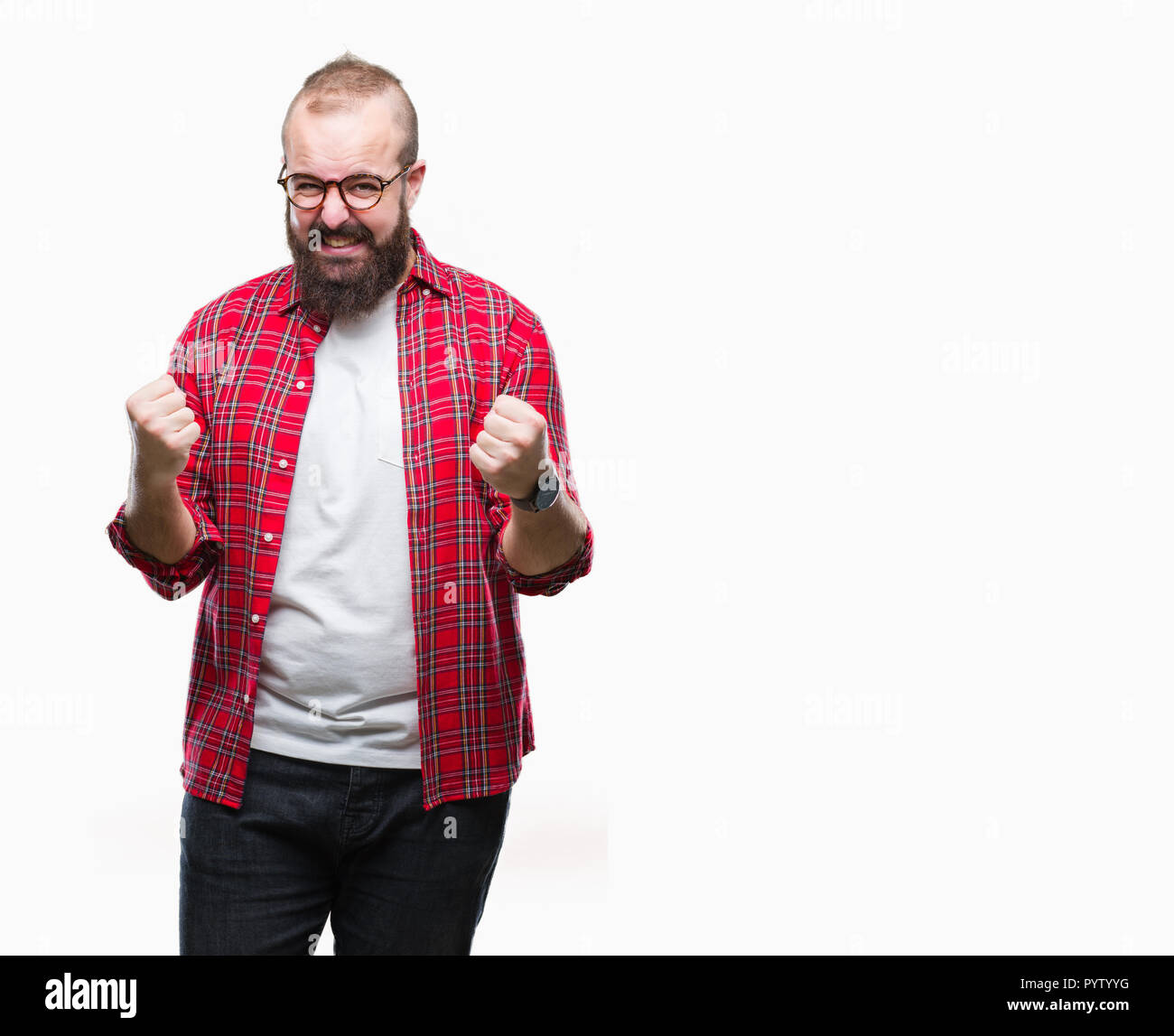 Young caucasian hipster man wearing glasses over isolated background ...