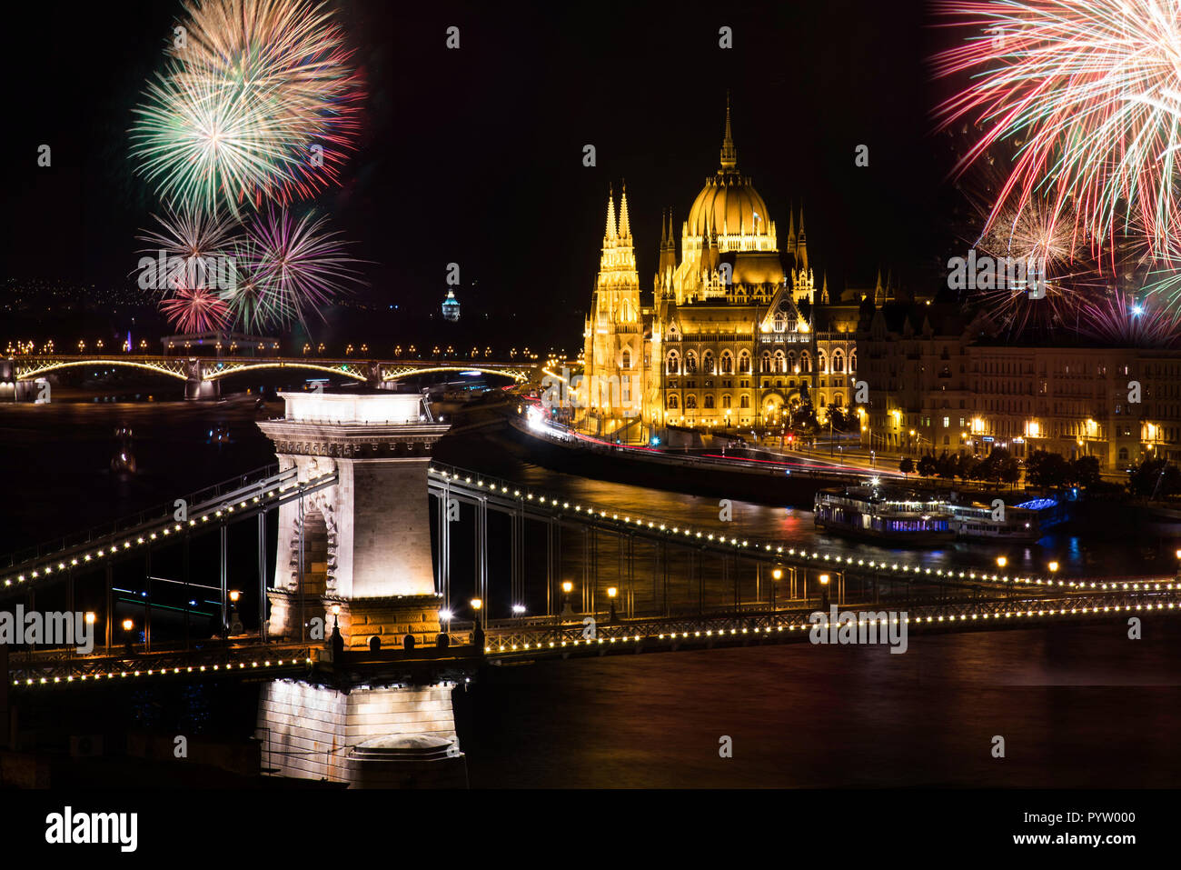 Fireworks in Budapest over Parliament and chain bridge at nigh Stock ...