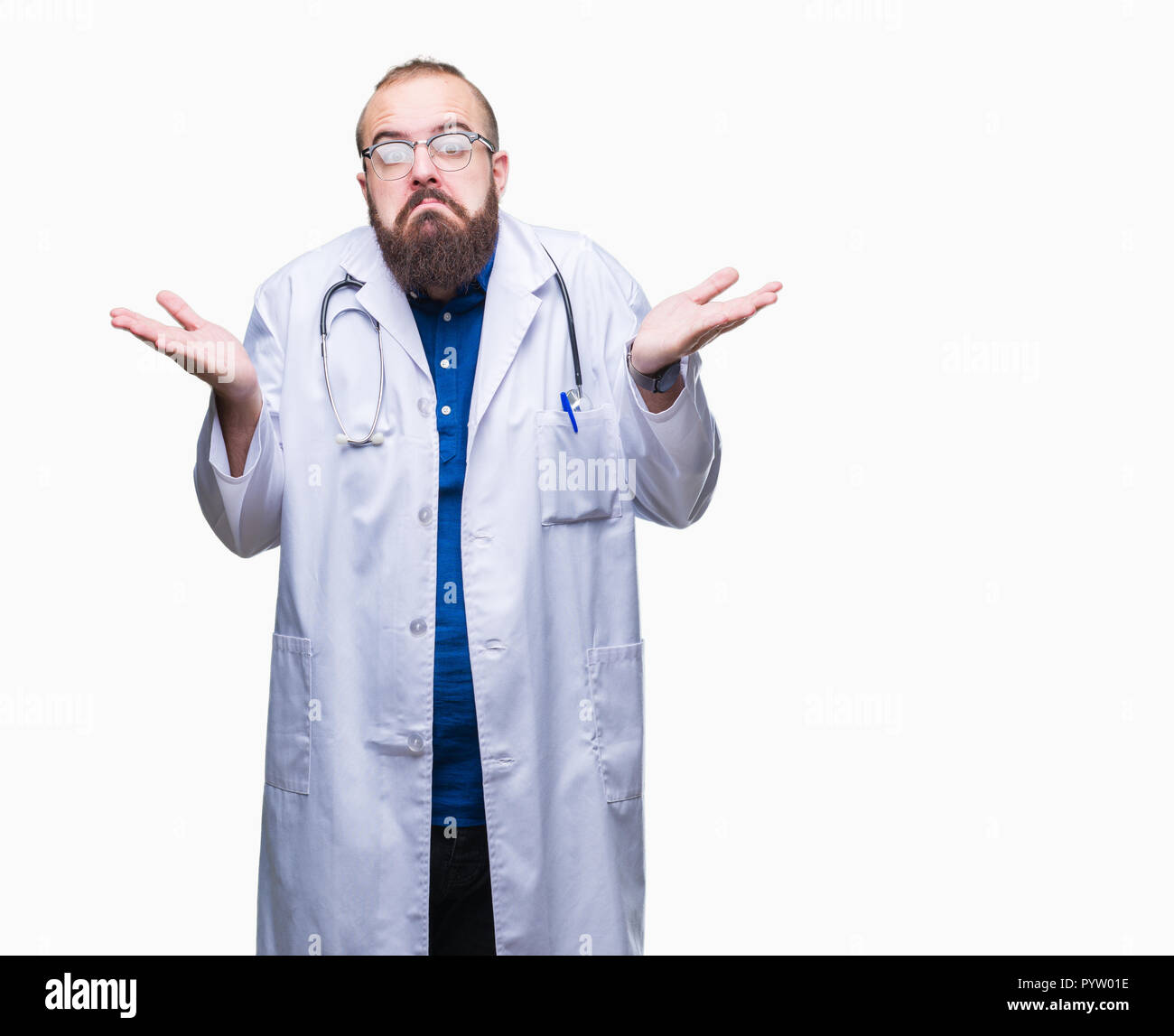 Young caucasian doctor man wearing medical white coat over isolated ...