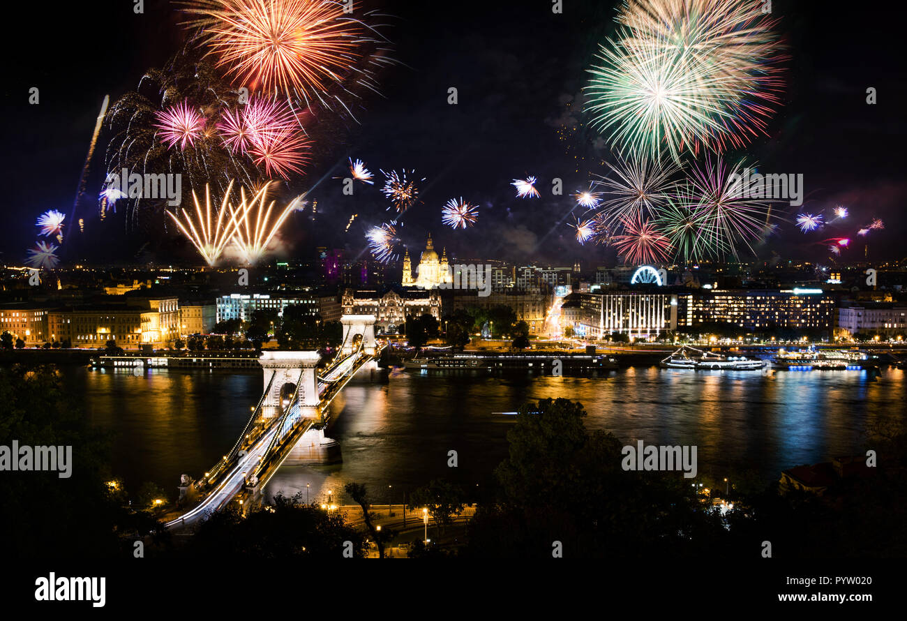 Fireworks in Budapest over the city and chain bridge at night Stock ...