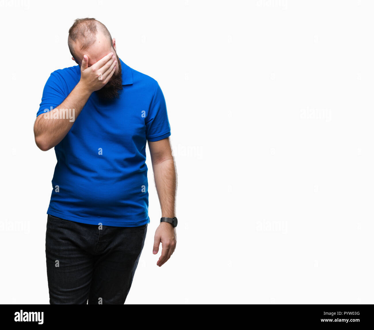 Young caucasian hipster man wearing blue shirt over isolated background ...