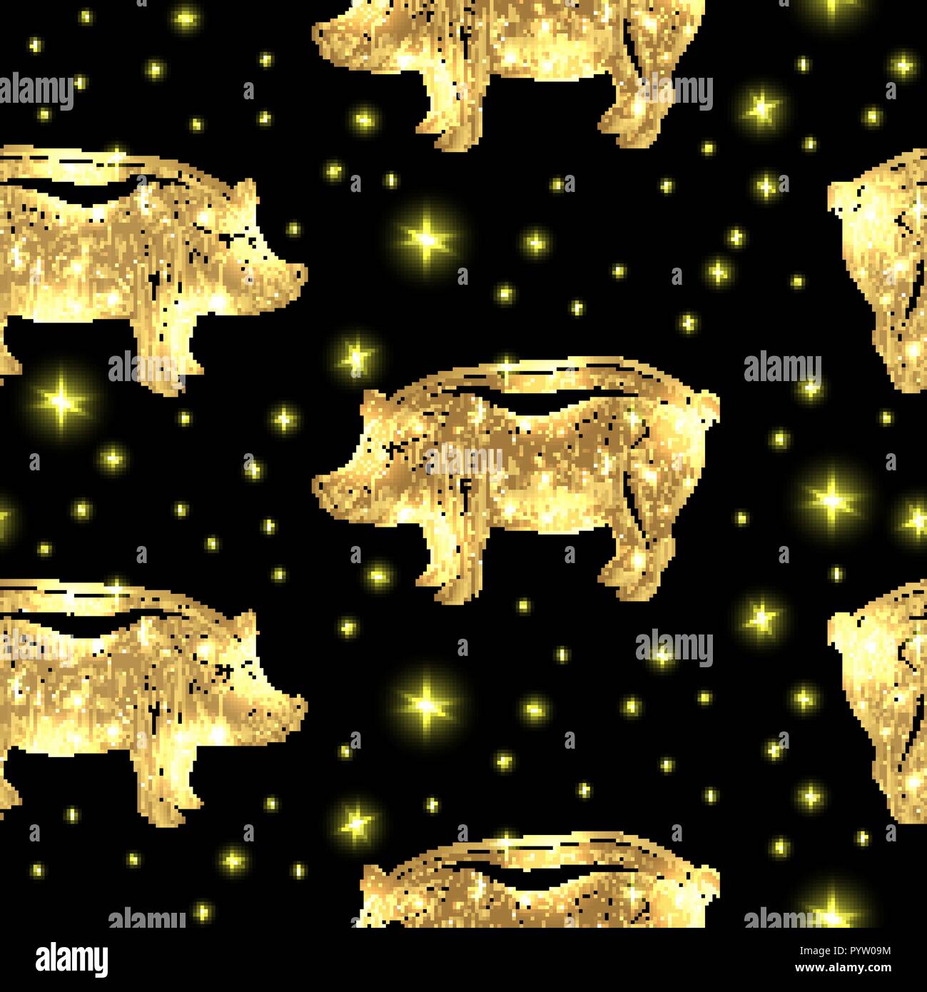 Glowing Night Pigs with Stars on the Black Background. Vector Seamless ...