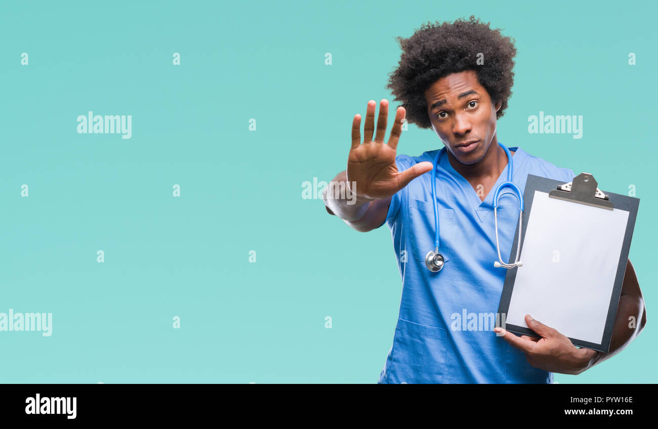 Afro american surgeon doctor holding clipboard man over isolated ...