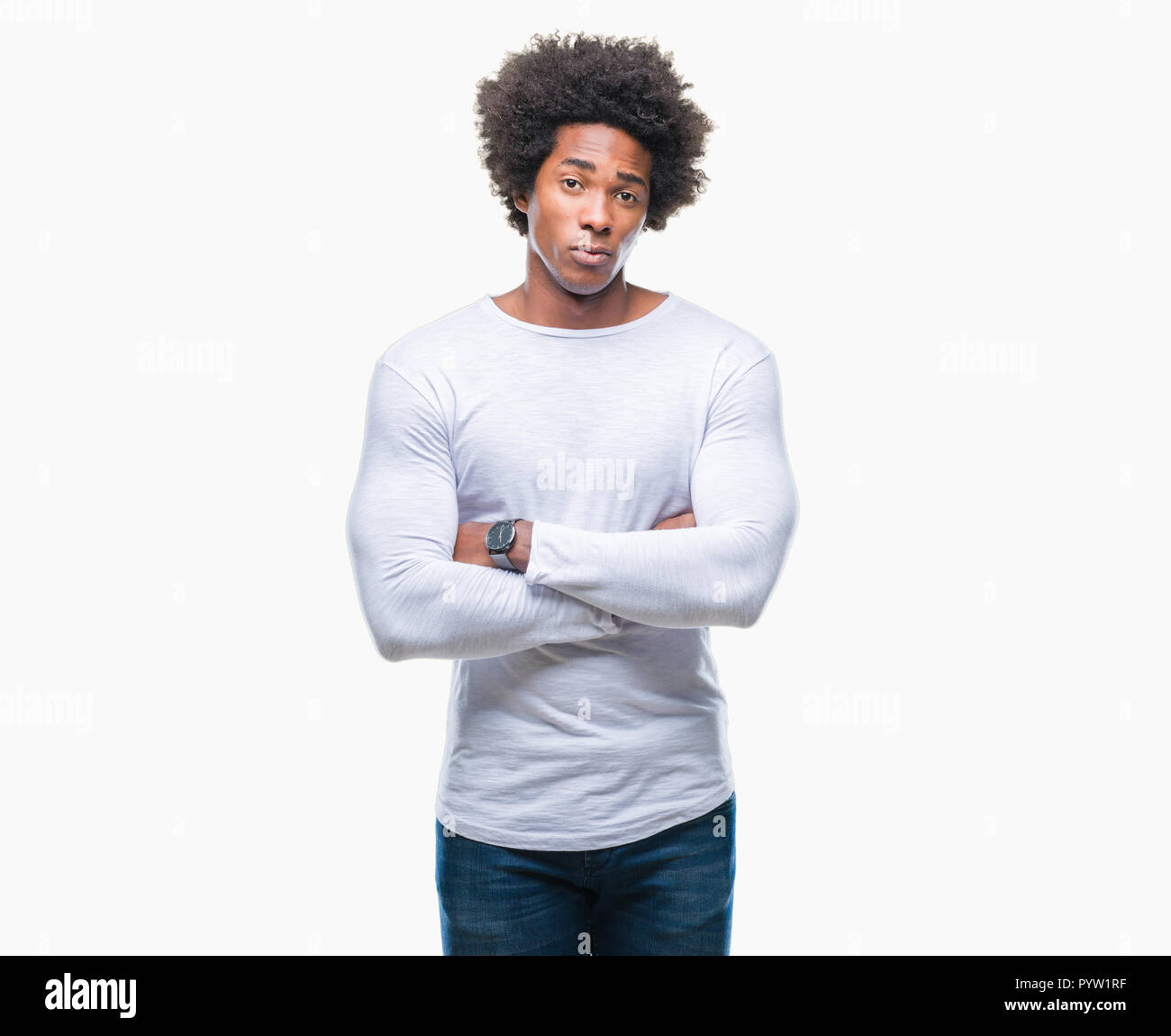 Afro american man over isolated background skeptic and nervous ...