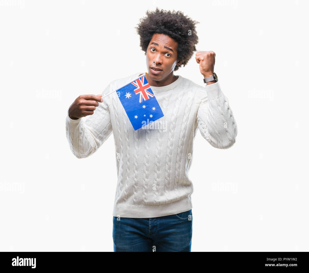 Afro american man flag of Australia over isolated background annoyed ...
