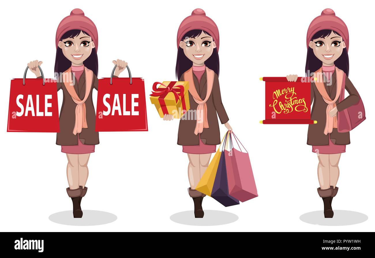 Christmas shopping. Beautiful girl, set of three poses. Cartoon ...