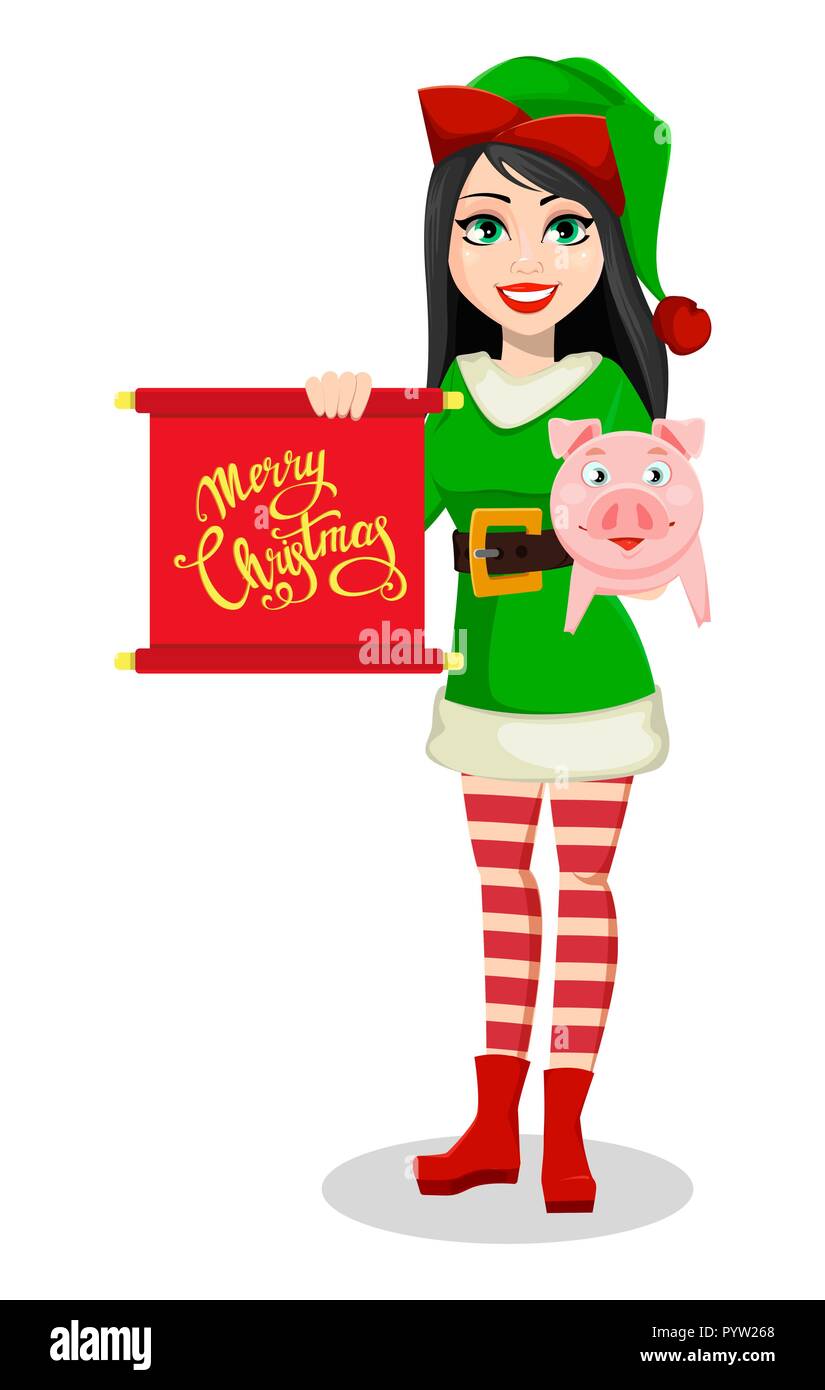 Merry Christmas and Happy New Year. Beautiful woman in costume of Elf ...