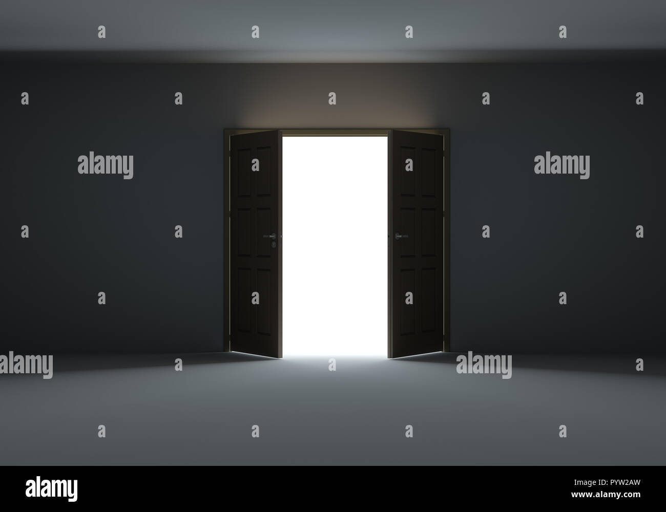 Doors opening to show bright light in the darkness Stock Photo - Alamy