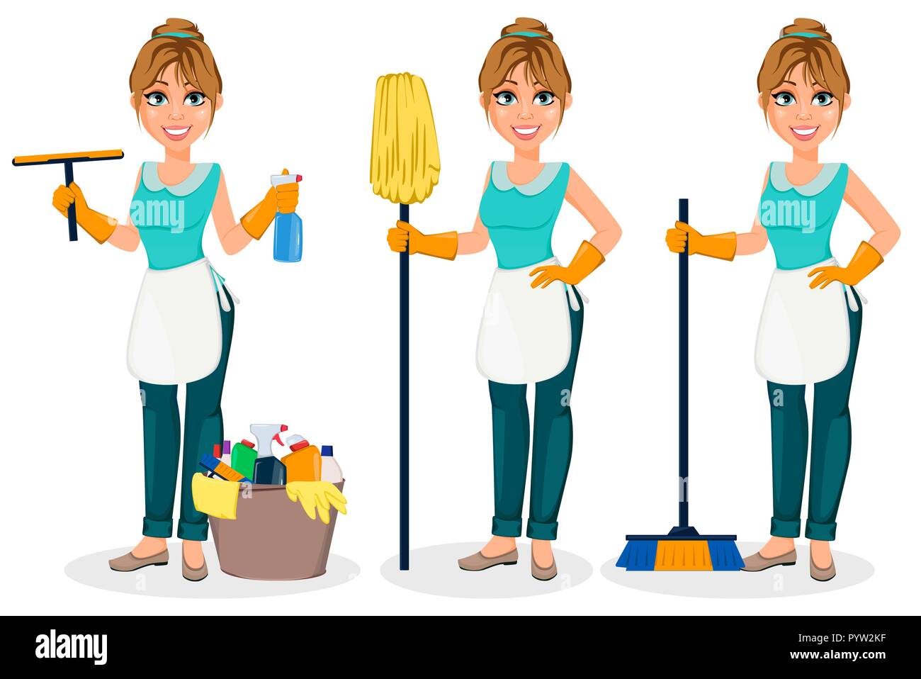 Happy Housewife Cheerful Mother Beautiful Woman Set Of Three Poses