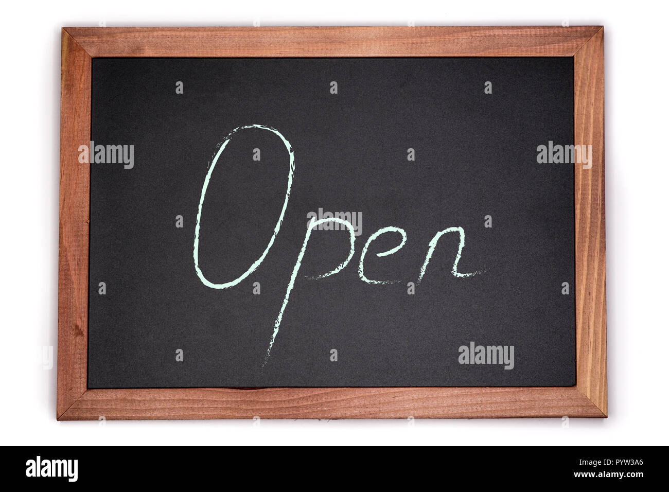 Open sign written on chalk board. Isolated blackboard with wooden frame ...
