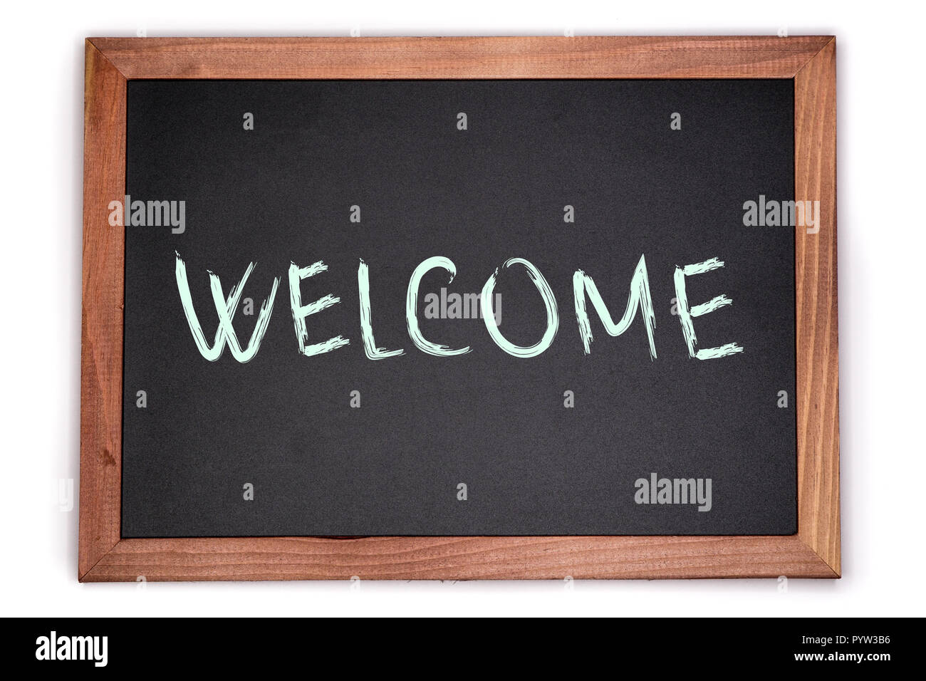 WELCOME sign written on chalk board. Isolated blackboard with wooden ...