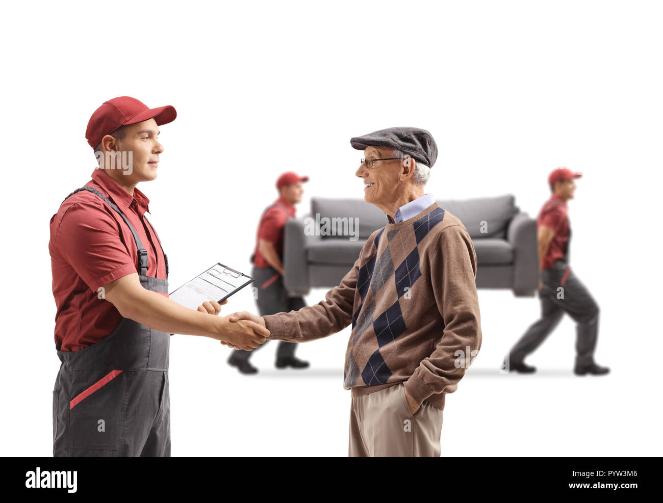 Senior man shaking hands with a mover, movers carrying a couch in the ...