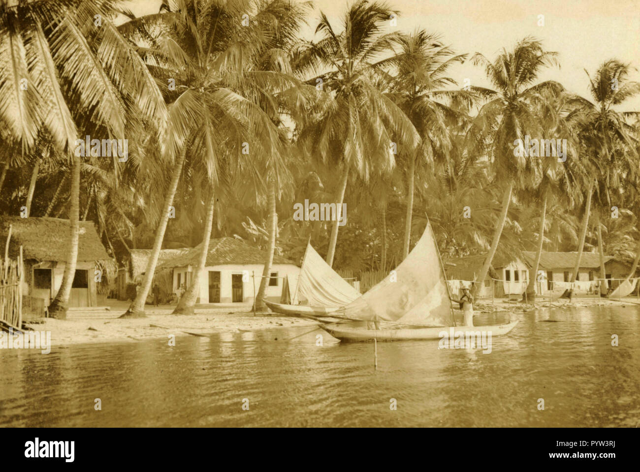 Sailing boat close to the shore, Pontal da Barra, Brazil 1920s Stock ...