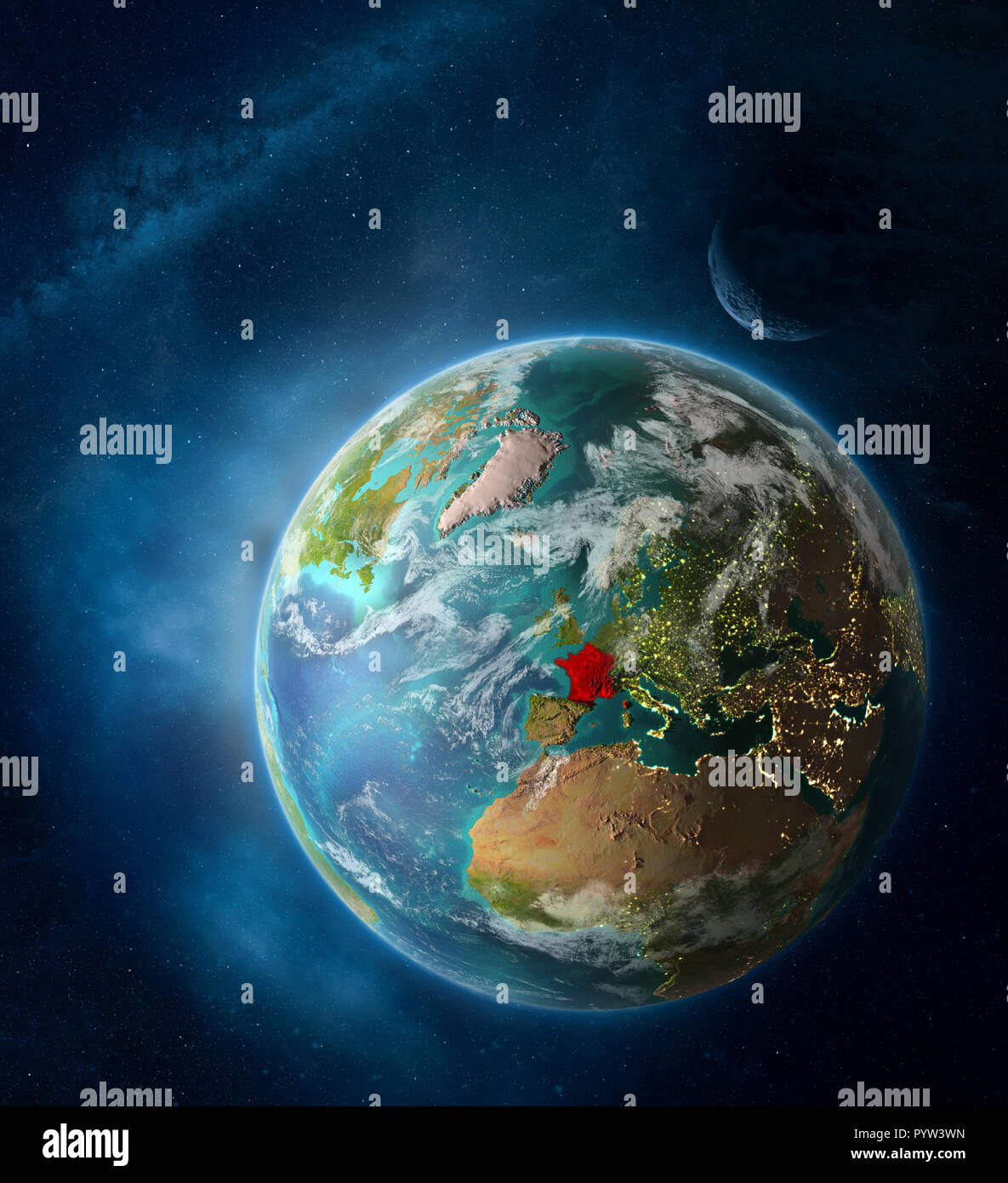 France from space on Earth surrounded by space with Moon and Milky Way ...