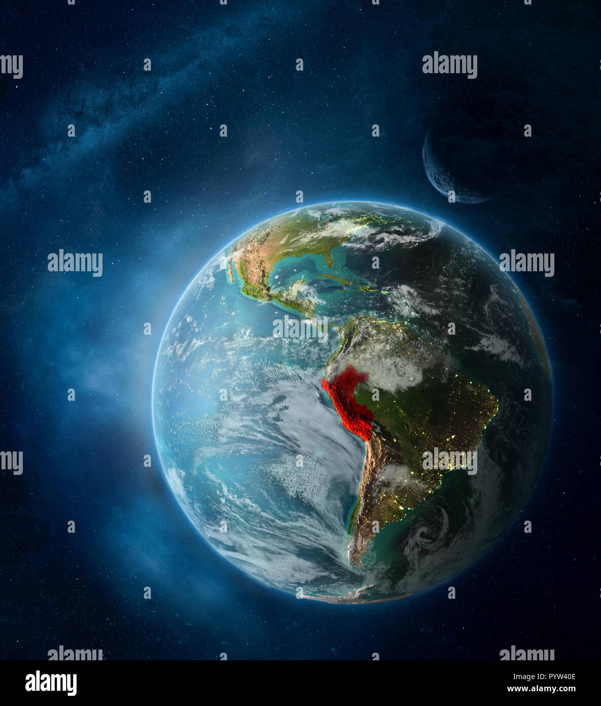 Peru from space on Earth surrounded by space with Moon and Milky Way ...