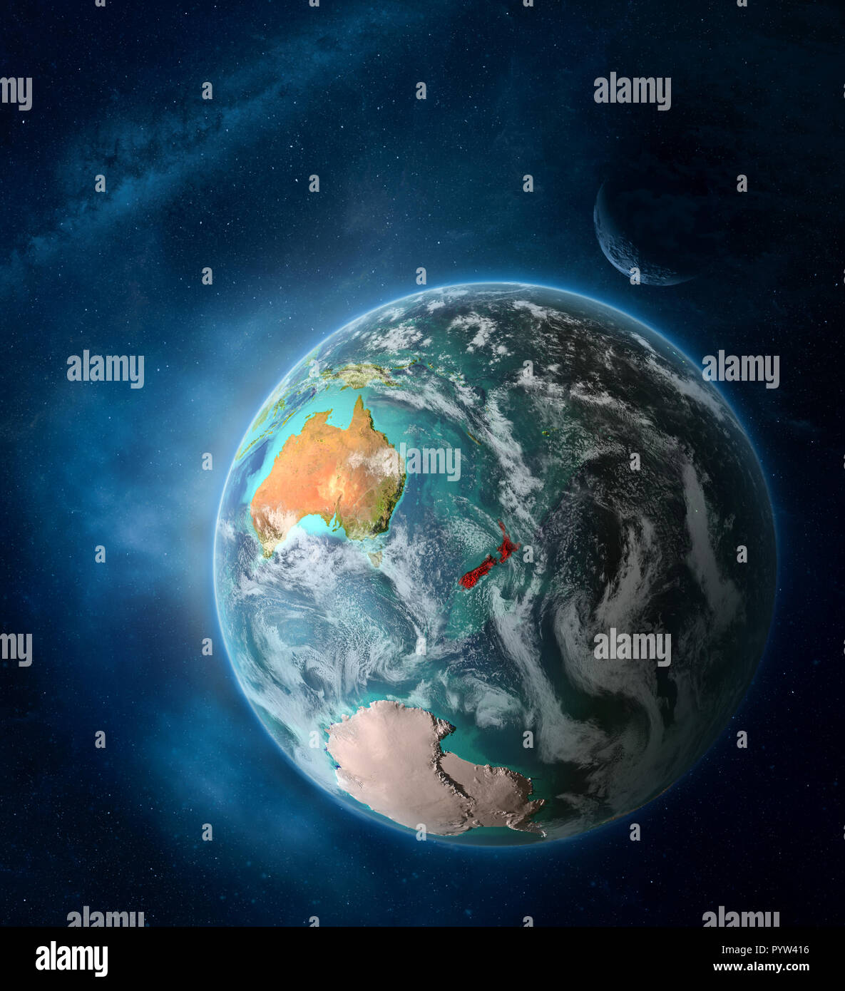 New Zealand from space on Earth surrounded by space with Moon and Milky ...