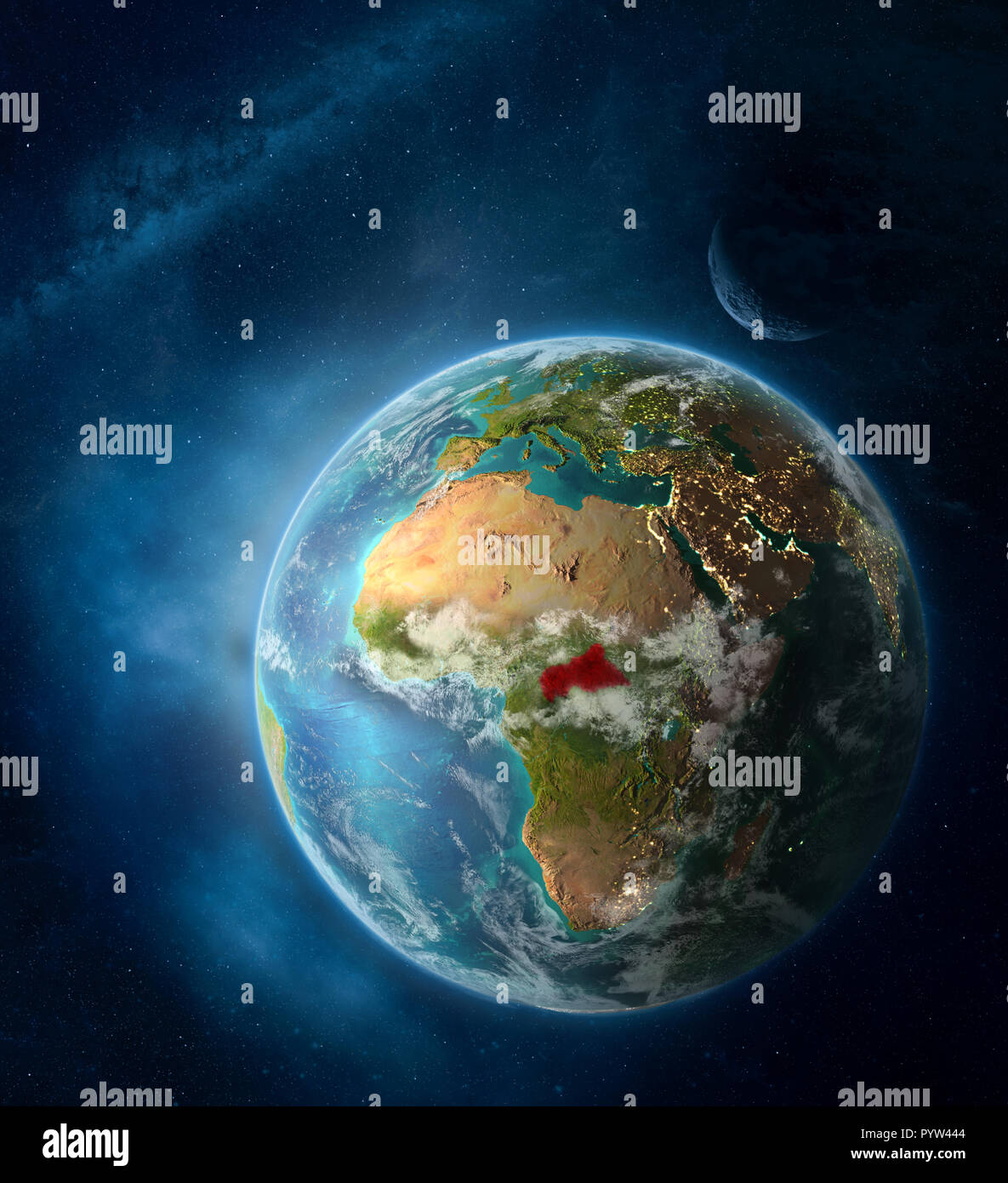 Central Africa from space on Earth surrounded by space with Moon and ...