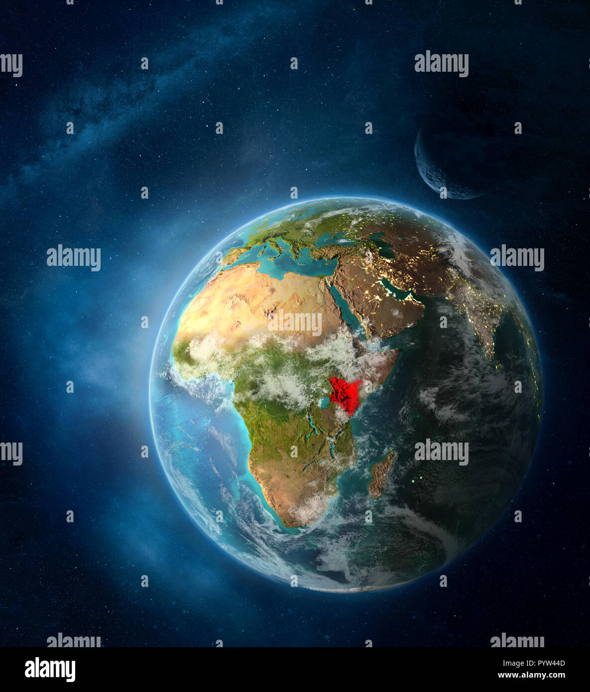 Kenya from space on Earth surrounded by space with Moon and Milky Way ...