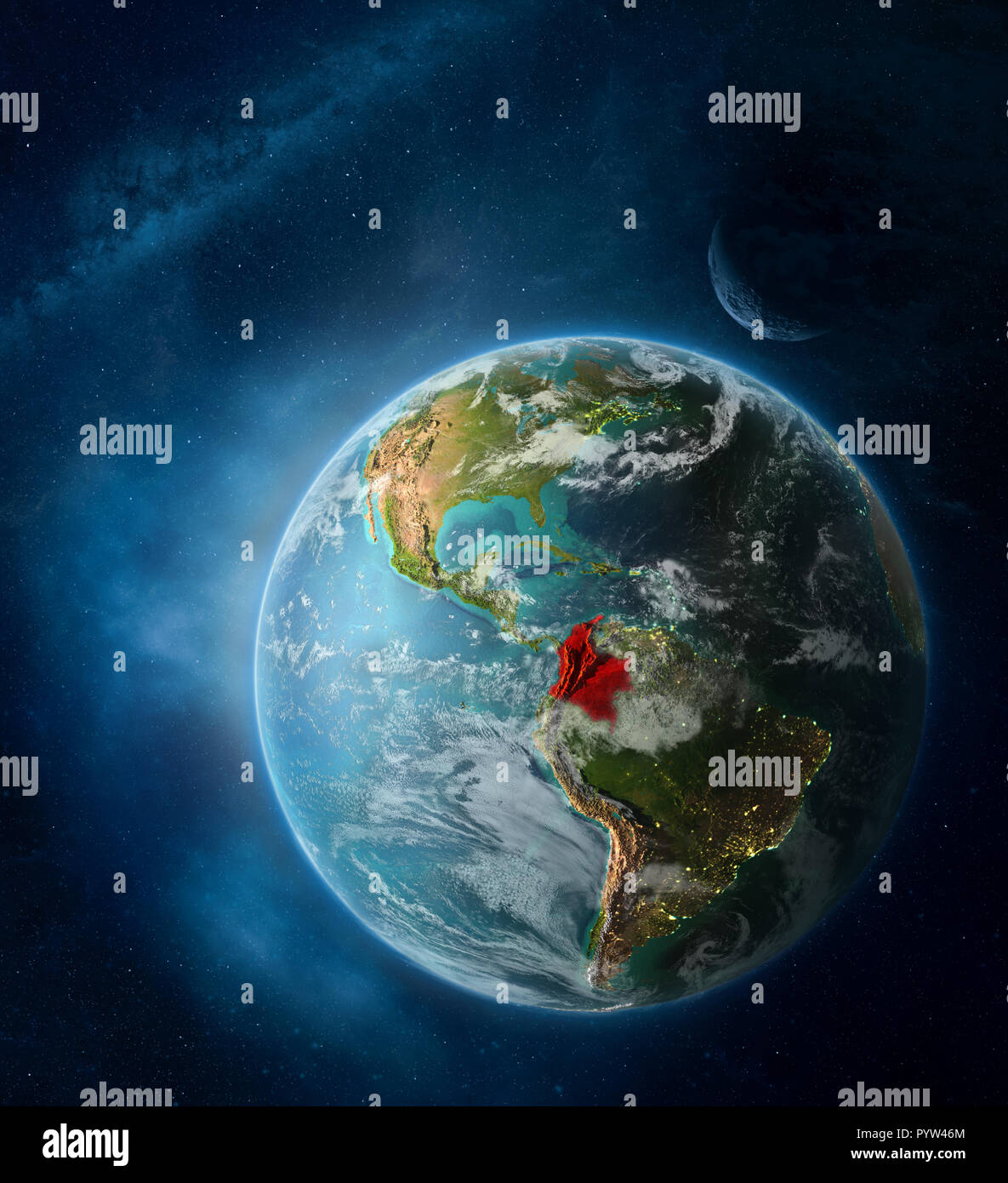 Colombia from space on Earth surrounded by space with Moon and Milky ...