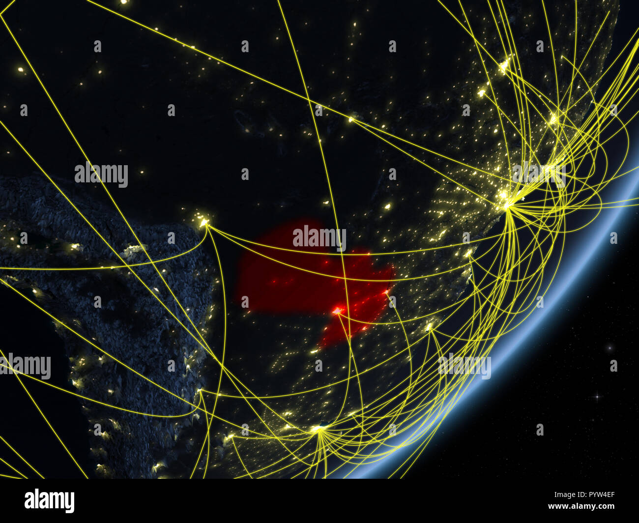 Paraguay on model of planet Earth with network at night. Concept of new ...